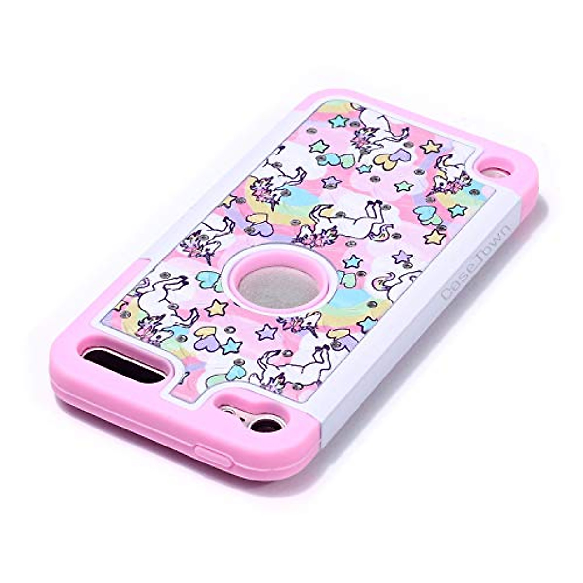 Apple iPod Touch 5,6th Case, iPod 7th Generation Case, Rainbow Unicorn Pattern Shockproof Studded Rhinestone Crystal Bling Hybrid Case Silicone Protective Armor for Apple iPod Touch 5 6th Generation