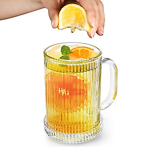 Noamus 2 Pack Coffee Mugs with Glass Lid, 13 oz Clear Ribbed Vertical Stripes Tea Cup, Premium Classic Drinking Glassware Set for Hot Cold Beverage, House Warming Christmas Anniversary Birthday Gift