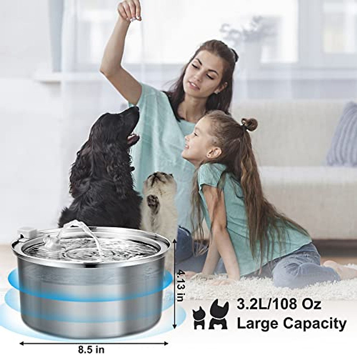 Petilog Automatic Stainless Steel Cat Water Fountain for Multi Pet Households, 3.2L/108oz , Large Capacity Dog Water Dispenser with Ultra Quiet Pump