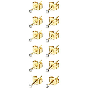 Hayfunaa 2MM Cubic Zirconia CZ Stud Earrings Gold: 14K Plated 20G Mini Stud Earrings Set - Cartilage Helix 2-nd 3-rd Hole Micro Multiple Piercing Jewelry Hypoallergenic Post Earring, Pack of 6 Pairs