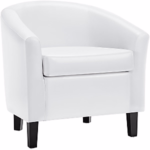 Yaheetech White Leather Chair, Faux Leather Accent Chair, Modern Barrel Chair Comfy Club Chair with Soft Padded and Solid Legs for Living Room Bedroom Reception Room, White