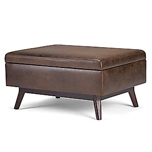 SIMPLIHOME Owen 34 Inch Wide Mid Century Modern Rectangle Coffee Table Lift Top Storage Ottoman in Upholstered Distressed Chestnut Brown Faux Leather, For the Living Room