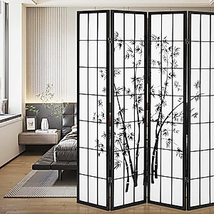 Athena Collection 4 Panel Room Dividers Bamboo Printing Privacy Screen, 5.9ft Japanese Folding Partition Room Divider Portable Freestanding Wood Room Separation Wall for Bedroom Home Office, Black