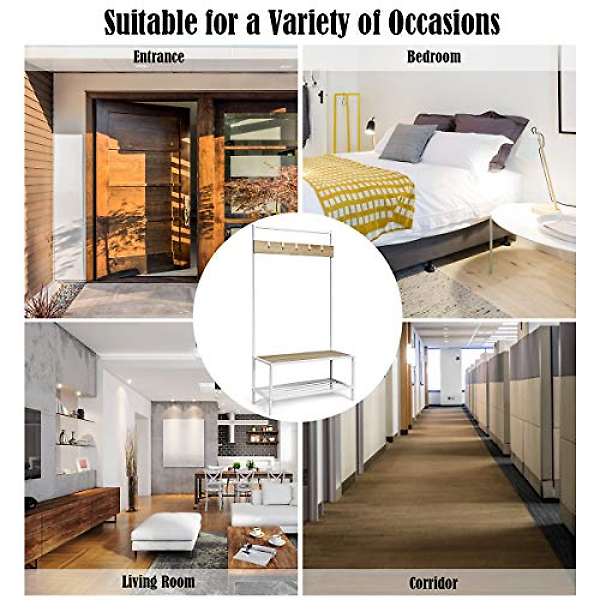 Tangkula Hall Tree with Bench and Shoe Storage, 3-In-1 Industrial Entryway Bench with Coat Rack, Wood Look Coat Rack Shoes Bench Storage Organizer for Home & Office, Coats/Hats/Shoes (Coffee)