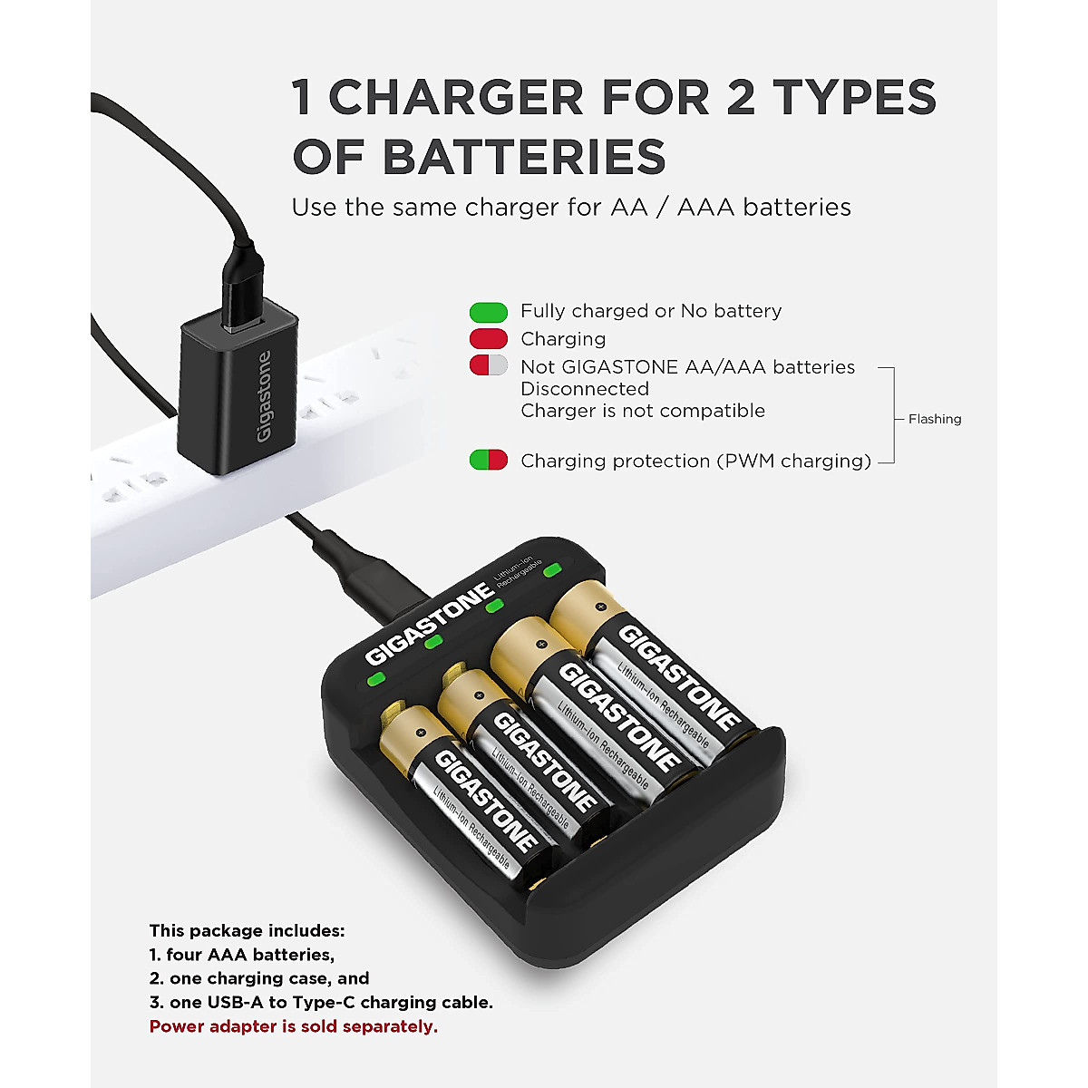 Gigastone Rechargeable Lithium AA Batteries, 1.5V Constant Voltage, 3000mWh High Endurance 1000x Cycles, Built-in Safety Protection, 4-Pack AA Batteries + 8-Bay Fast Charging AA AAA Battery Charger