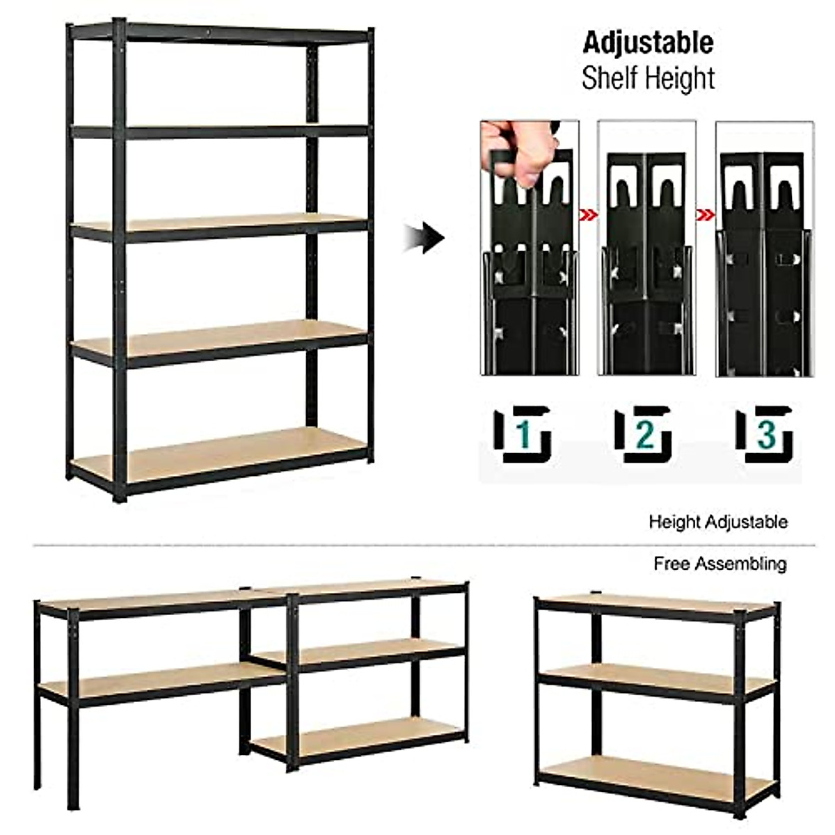 5 Tier Shelving Unit Storage Units Heavy Duty Metal Shelves for Warehouse/Garage/Shed/Workshop/Commercial/Industrial/Kitchen, 1929LB Capacity(386LB per Shelf), 71" H x 35" W x 16" D Black