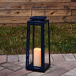 Blue Outdoor Candle Lantern - 15 Inch Tall, Solar Powered, Navy Metal with Glass, Waterproof Flameless Pillar Candles, Dusk to Dawn Timer, Flickering LED Lights, Rustic Farmhouse Patio Decor