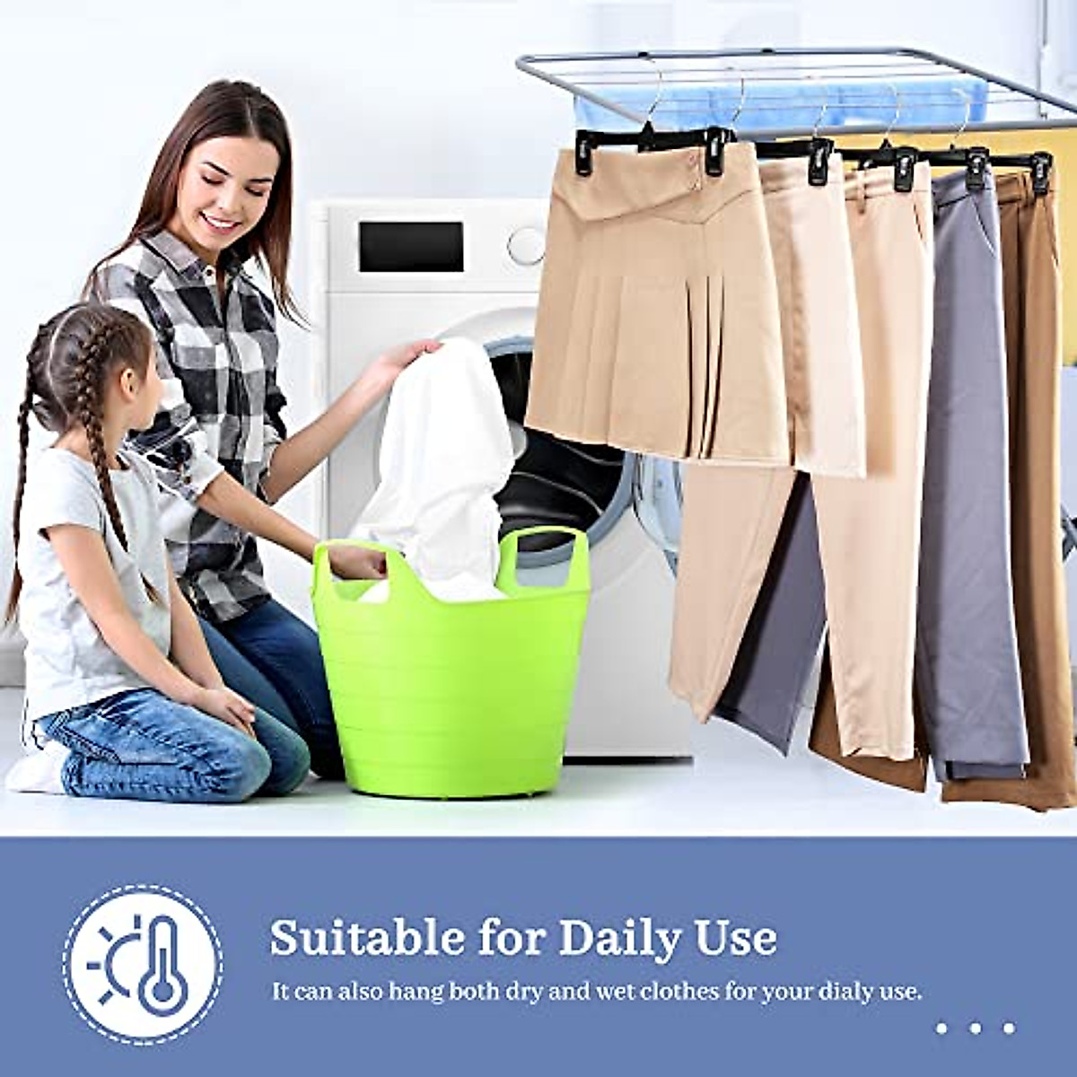 HOUSE DAY Black Pants Hangers, 10 Inch Skirt Hangers with Non-Slip Big Clips and 360° Swivel Hook, Heavy Duty Slim Plastic Pants Hangers, Space Saving Clip Hangers for Pants, Skirts, Shorts, 25 Pack