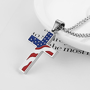 HZMAN American Flag Patriotic Cross Religious Jewelry Pendant Necklace, Silver