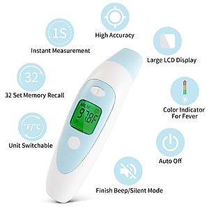 Infrared Thermometer Forehead Ear Non Contact Digital for Adults Kids Babies Fever Indicator Accurate Fast Readings Memory Function (Battery Included)
