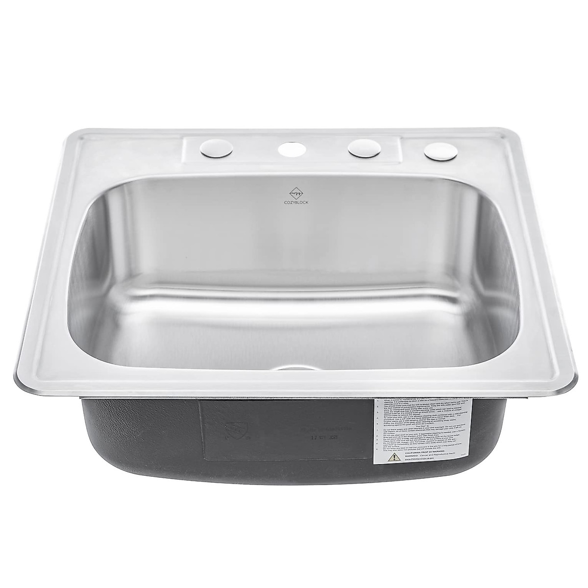 CozyBlock 25 x 22 x 9 Inch Top-mount/Drop-in Stainless Steel Single Bowl Kitchen Sink with Strainer and Protective Bottom Grid- 18 Gauge Stainless Steel-4 Faucet Hole