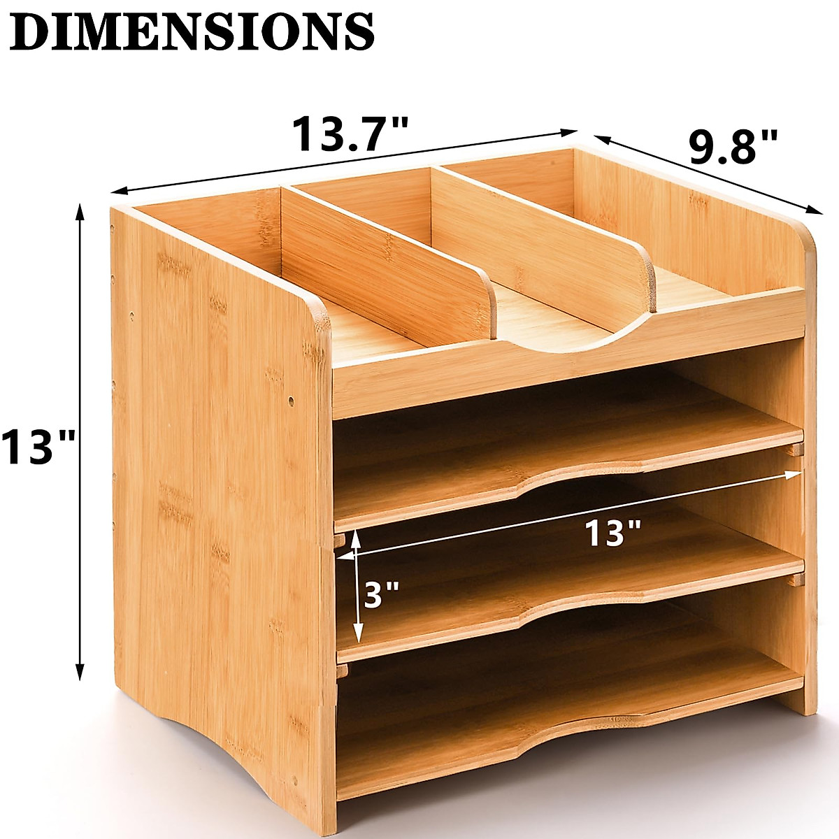 DEAYOU Bamboo Desk File Organizer, 13" Document Letter Tray Sorter with 2 Adjustable Shelves, 4 Tier Mail Organizer Countertop, Paper Storage Holder Box Cubby for Magazine, Office, Home, School