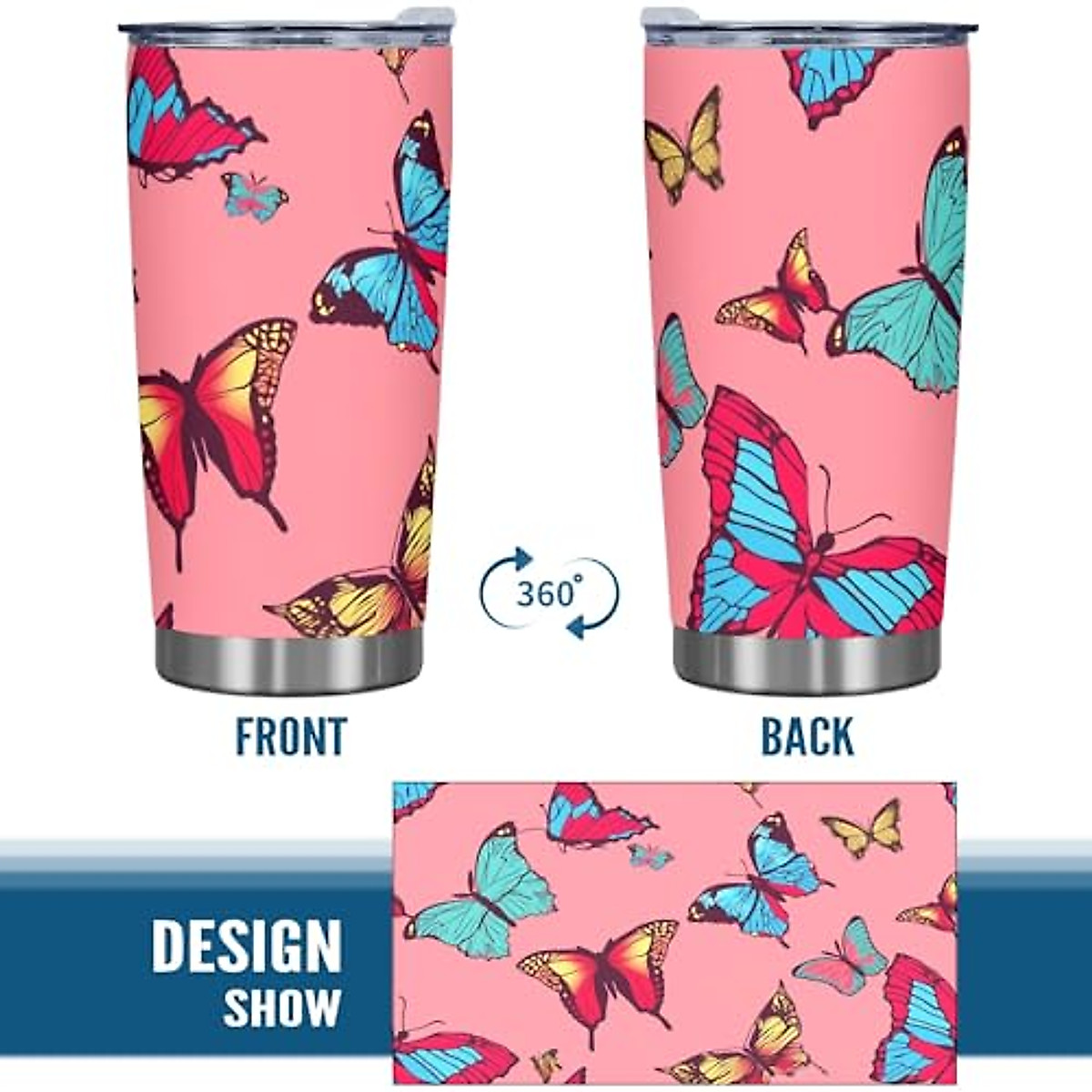 QWEUIOP 20oz Insulated Travel Coffee Mug Retro Butterfly Stainless Steel Tumbler with Lid Double Wall Vacuum Coffee Cup For Hot and Cold Drinks14055
