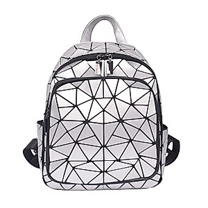 Geometric Luminous Ladies Backpack Wallet Holographic Reflective Backpack Diamond Travel Backpack (Silver)