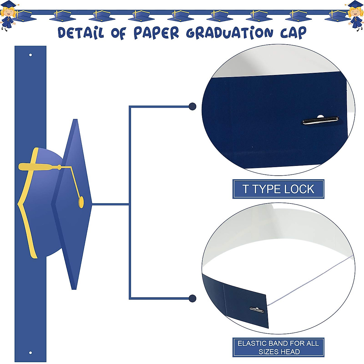 Tenare 40 Pcs Paper Graduation Crown Adjustable Paper Hats Graduation Cap with 40 Elastic String for Grad Party(Blue)