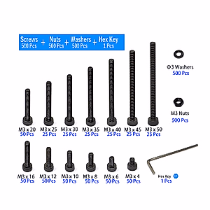 iexcell 1500 Pcs M3 x 4/6/8/10/12/16/20/25/30/35/40/45/50 Alloy Steel 12.9 Grade Hex Socket Head Cap Screws Bolts Nuts Washers Assortment Kit, Black Oxide Finish