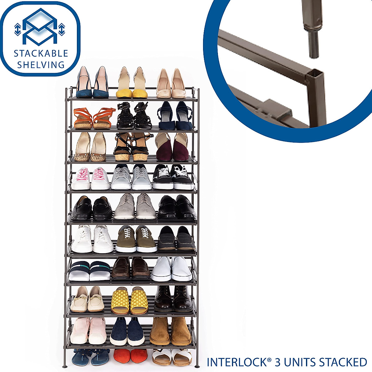 Seville Classics Sturdy Freestanding Storage Shelf for Bedroom, Closet, Entryway, Dorm Room Organizer Stackable Durable Metal Shoe Rack Espresso Slat, 3-Tier (NEW MODEL)