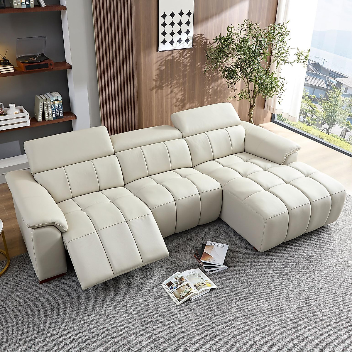 TURRIDU Oversized Genuine Leather L Shaped Sofa, Modern Electric Control Seat 3-Seater Couch with USB Interface, Power Recliner, Reclining Sectional Sofa with Console& Single Left Recliner, Beige