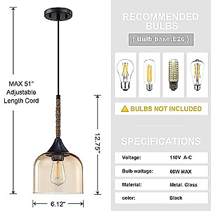 Dolaimi House 1 Light Indoor Hanging Kitchen Island 6.1" Clear Amber Glass Paper Rope Pendant Light Fixtures Black Finish Modern Farmhouse Dinning Room Living Room Over Sink