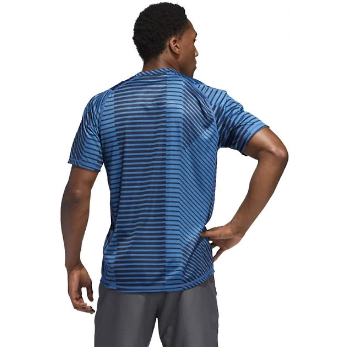 ADIDAS Men's FreeLift Sport Heather Strong All-Over-Print Graphic Shirt, Shock Cyan/Legend Marine Large