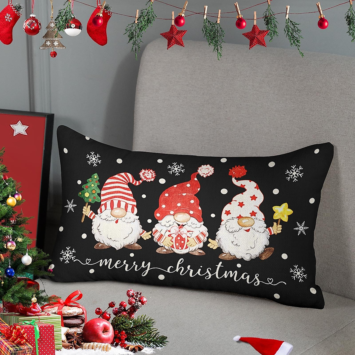 Christmas Throw Pillow Cover Black Christmas Gnome Linen Lumbar Pillow Cover Decorations for Home 12x20 Inches Cushion Pillowcase Sofa and Bed Decor