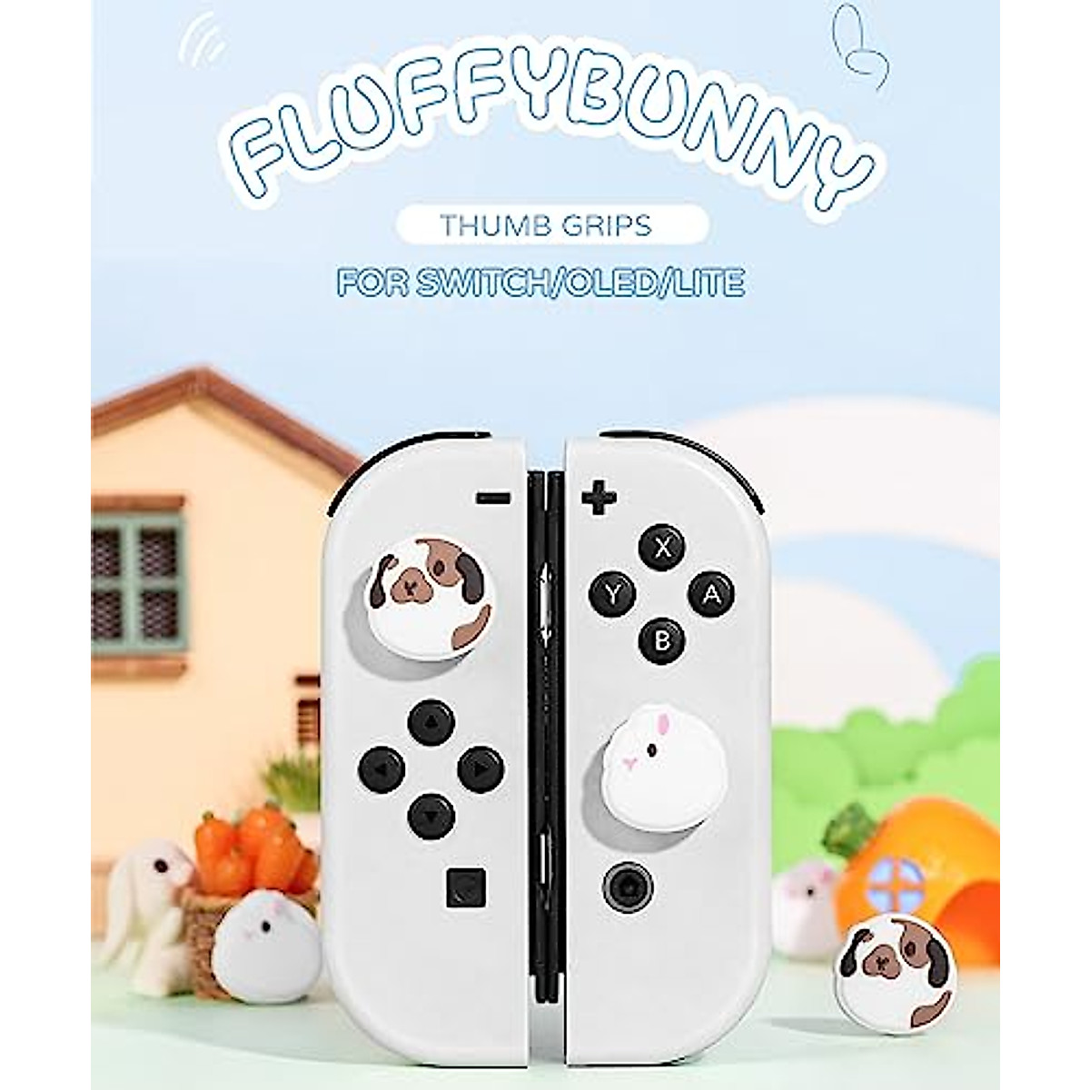 PAWSWORLD Cute Switch Thumb Grips Caps for Switch/Switch Lite/Switch OLED Rabbits Joystick Dust Jacket Silicone Joycon Grip Covers Anti-Scratch 4PCS Switch Button Caps - Fluffy Bunny
