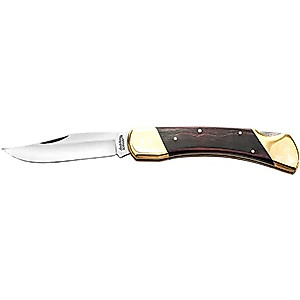 Uncle Henry LB7CP Bear Paw Traditional Lockback Pocket Knife with 3.7in Clip Point High Carbon S.S. Blade, Wood Handle, Brass Bolsters, and Leather Belt Sheath for EDC, Hunting, Camping, and Outdoors,Brown