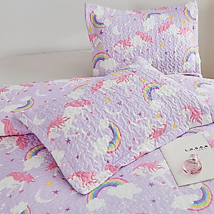 Girls Quilt Bedding Twin Size Bedspread Unicorn Bedding Kids Quilt Bedspread Twin Quilts Girls Bed Set Lightweight Reversible Quilt Girls Bedspread Coverlet Purple Rainbow Unicorn Animal Quilts