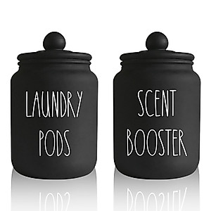 Laundry Room Organization Jars with Labels, Glass Containers for Laundry Detergent Laundry Powder, Farmhouse Laundry Pods Storage Organizers, Laundry Soap Dispenser, Scent Booster Holder(Black)