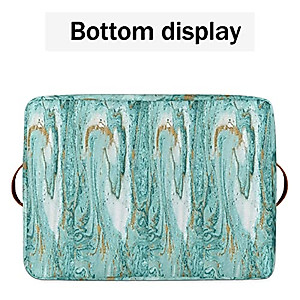 Turquoise Marble Texture Storage Baskets Bin, Teal Marble Collapsible Canvas Fabric Storage Bin Decorative Baskets Toy Organizer Rectangle Storage Boxes with Handles for Home Shelves Nursery,1Pack