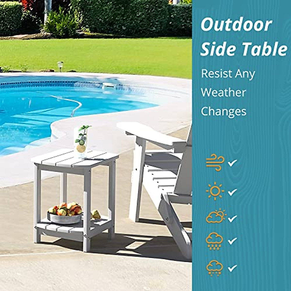 LUE BONA Adirondack Outdoor Side Table, White Poly Outdoor Patio End Table Weather Resistant, Pool Composite Plastic Morden Side Table for Patio, Pool, Porch, Garden, Lawn