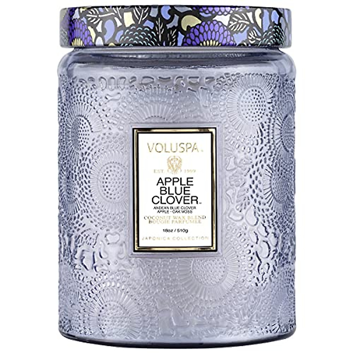 Voluspa Apple Blue Clover Candle | Large Glass Jar | 18 Oz | 100 Hour Burn Time | All Natural Wicks and Coconut Wax for Clean Burning | Vegan