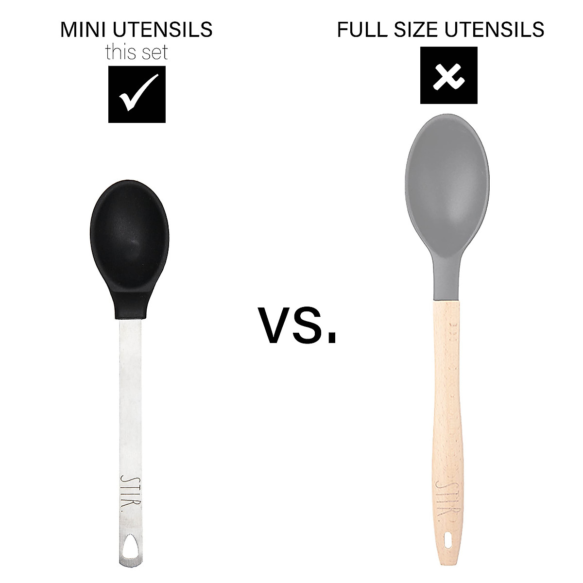 Rae Dunn Everyday Collection 9 Piece Mini Kitchen Utensil Set- Stainless Steel and Silicone Kitchen Tools- (Black)