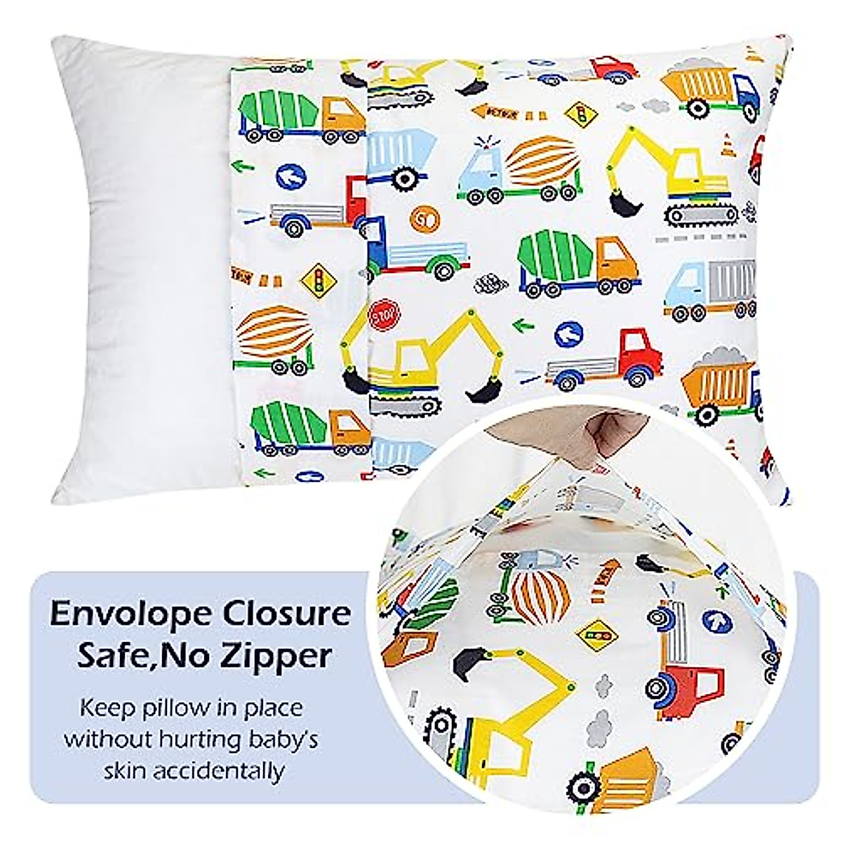 Baby Toddler Pillow with Pillowcase - 13x18 Organic Cotton Truck Pillows for Sleeping, Kids Pillow, Travel Pillows for Sleeping Nap, Mini Pillow, Toddler Bed Cot Pillows for Boy Girl 3-5 Years Old