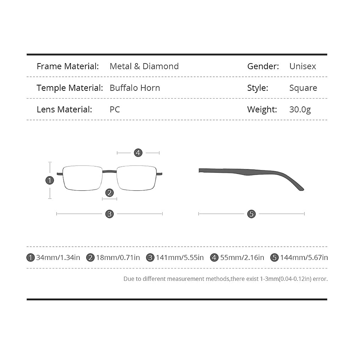 HEPIDEM 100% Really Buffalo Horn Glasses,Square Rimless Luxury Buffs Eyeglasses With Diamonds (White 0023)