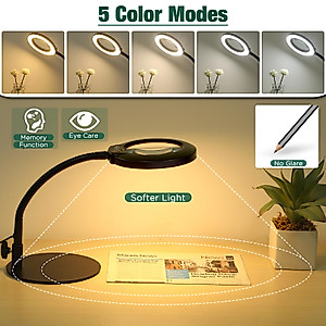 Drdefi 8X Magnifying Glass with Light and Stand, 5 Color Modes Stepless Dimmable Flexible Gooseneck Magnifying Desk Lamp, LED Lighted Magnifier Hands Free for Craft Reading Painting Close Work Hobby