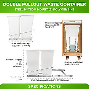 Yogui Home Living by Starax Double 35-Quart Trash Bin Cabinet Pullout System - 2 White Waste/Recycling Bins - Easy-Installation Polished Chrome Ball-Bearing Garbage Slider - (Not Include Can)