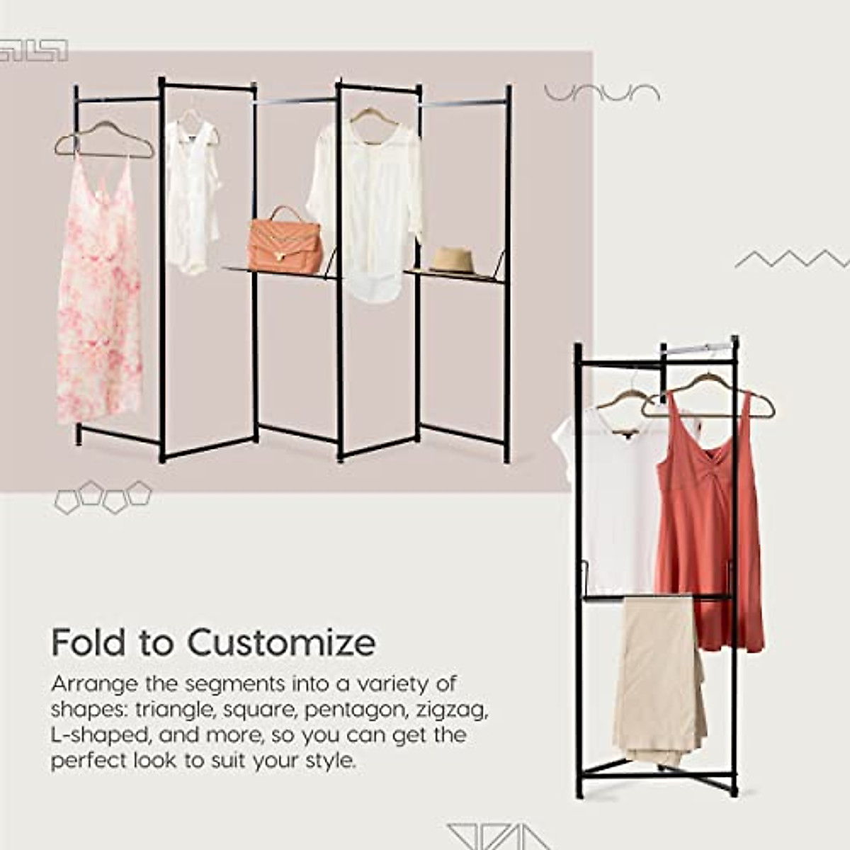 IRIS USA 3 Panels Collapsible Clothes Rack with Shelf, Customizable Garment Rack, Foldable Clothes Drying Rack, Locked and Leveled, Perfect for any Space, Modern and Fashionable, Black