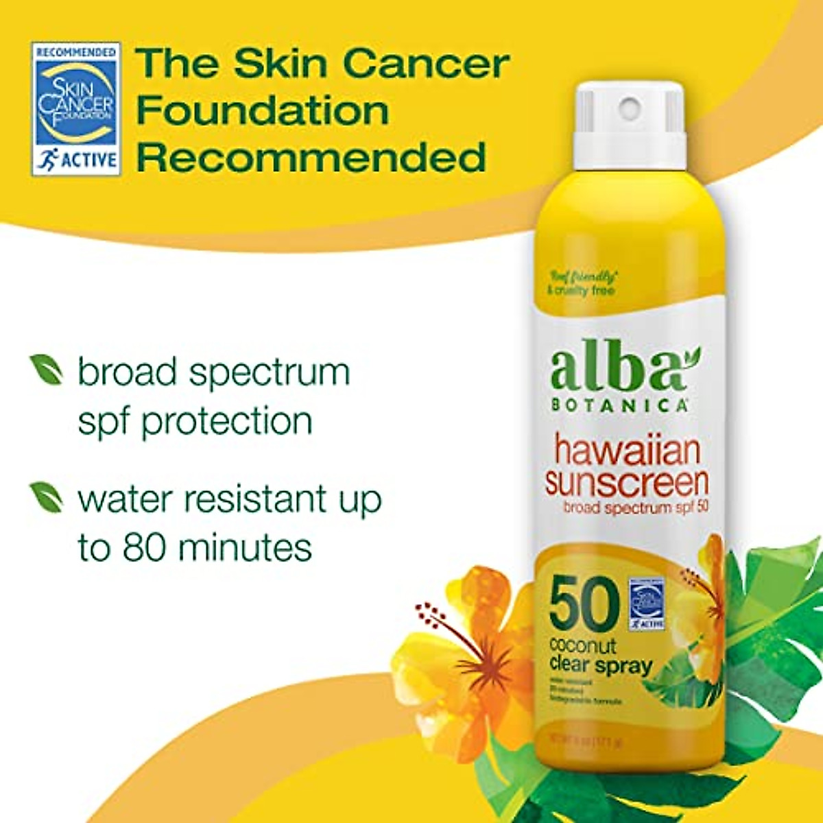 Alba Botanica Sunscreen for Face and Body, Hawaiian Coconut Sunscreen Spray, Broad Spectrum SPF 50 Sunscreen, Water Resistant and Biodegradable, 6 fl. oz. Bottle