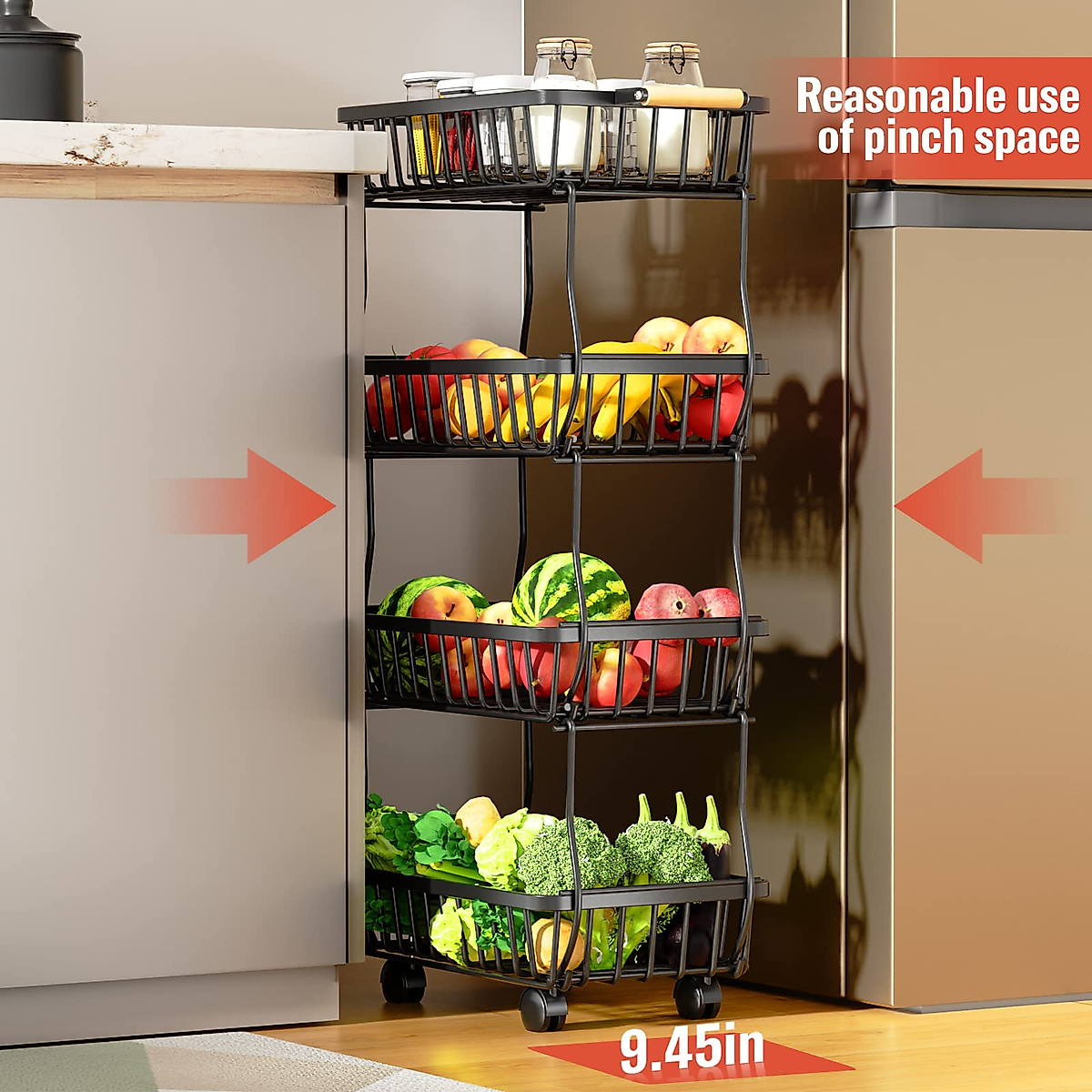 Fruit Vegetable Basket, 4 Tier Fruit Vegetable Storage Cart, Vegetable Basket Bins Rack for Onions and Potatoes, Rolling Utility Cart for Kitchen Pantry Bedroom Living Room, with Handle