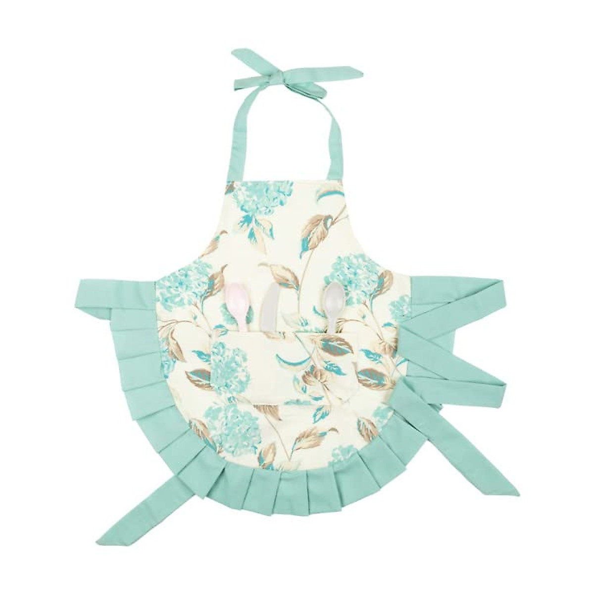 NEOVIVA Kitchen Apron for Kids with Pockets in Daily Play Kitchen, Double-layered Toddler Girls Apron for Cooking, Baking and Gardening, Style Kathy, Floral Hydrangea Clear Aqua