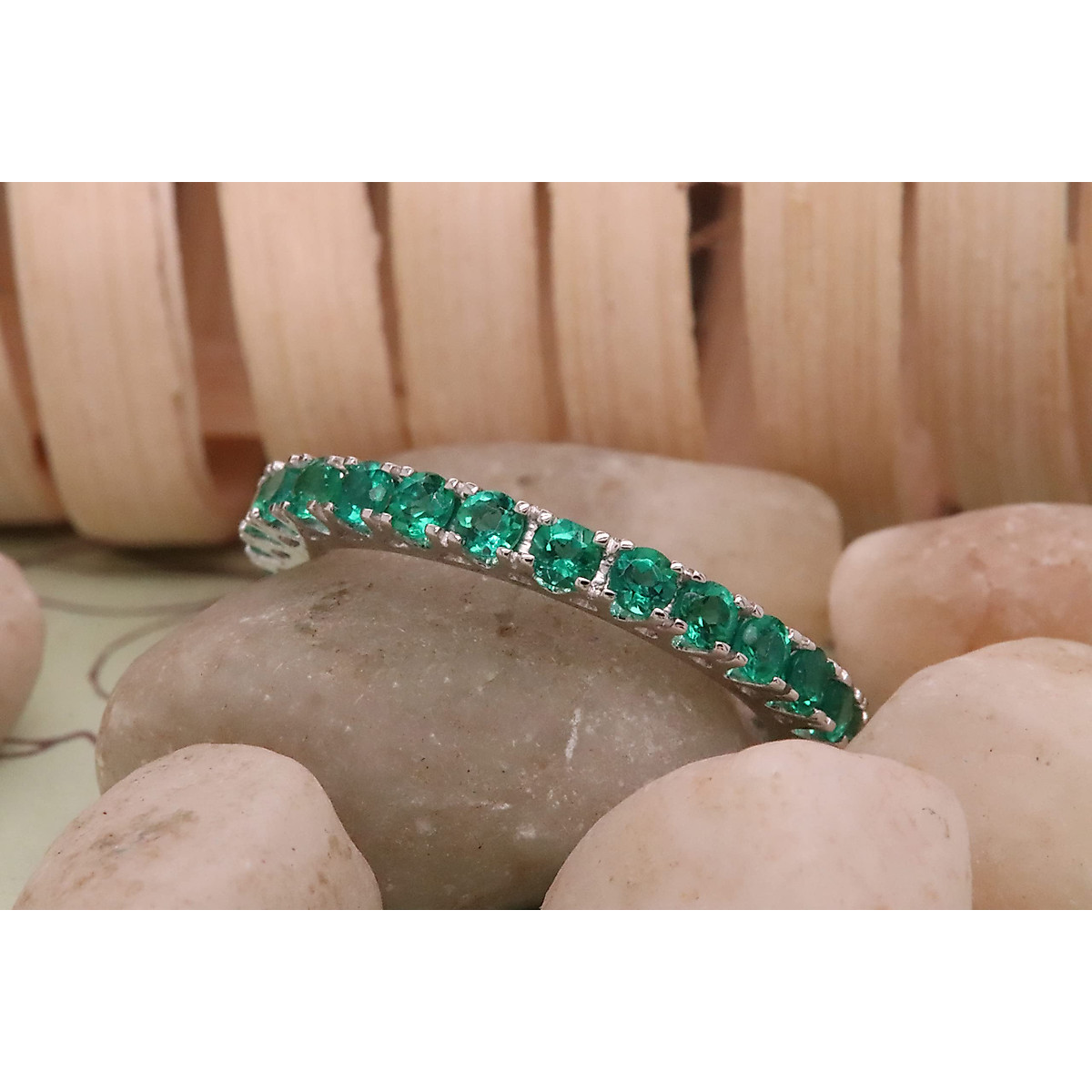Dazzlingrock Collection Round Lab Created Emerald Women Full Eternity Wedding Stackable Ring Band | 14K White Gold, Size 6