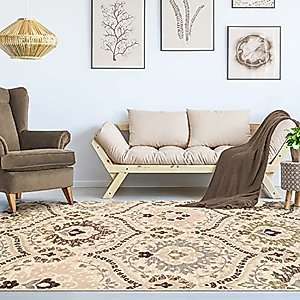 SUPERIOR Indoor Runner Rug, Jute Backed, Modern Oriental Floral Damask Floor Decor for Office, Living Room, Bedroom, Entryway, Nursery Hardwood, Tile, Augusta Collection - 8ft x 10ft , Multi-Colored