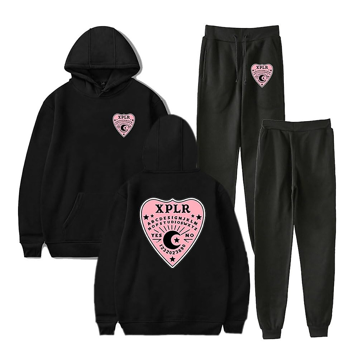 MARLLEGEBEE XPLR Sam and Colby Ouija Hoodie Jogger Pants Two Piece Set Sweatshirts+Sweatpants Men Women's Clothes (Black+Black,L)