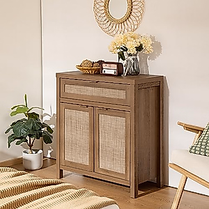 SICOTAS Sideboard Buffet Cabinet Set of 2, Rattan Credenza Storage Cabinet, Boho Buffet Table Console with Drawer, Farmhouse Coffee Bar Cabinet for Entryway Living Dining Room, Natural Oak