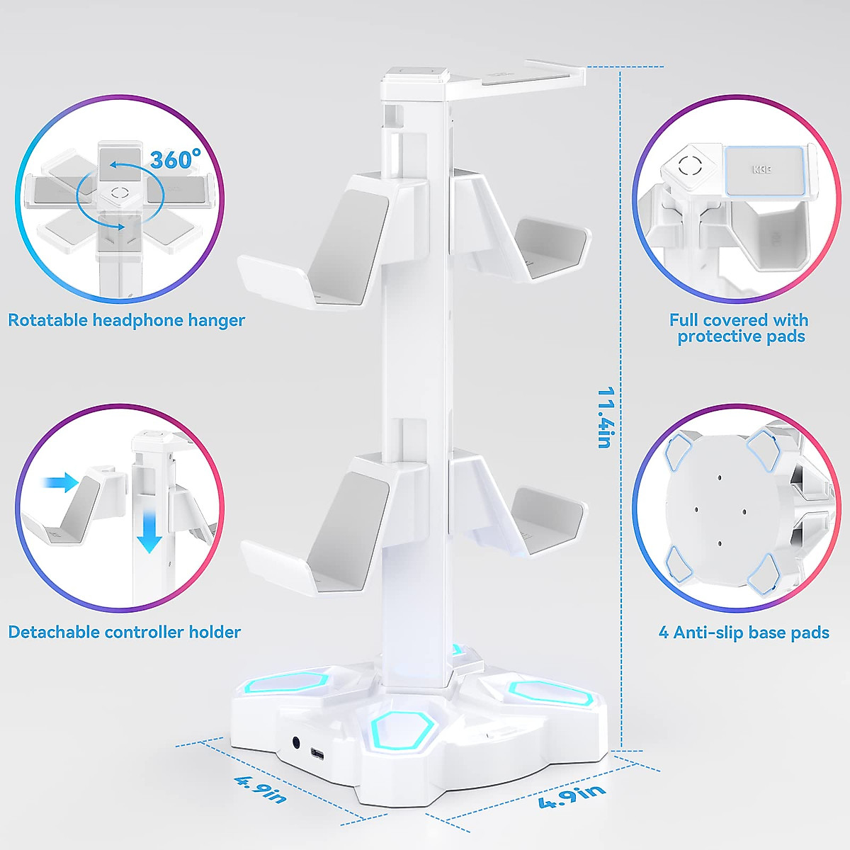 KDD Gaming RGB Headphones Stand, Rotatable Headset Stand with 9 Light Modes - Controller Holder with 2 USB Charging Ports and 3.5mm - Earphone Hanger Accessories for Desktop Gamer(White)