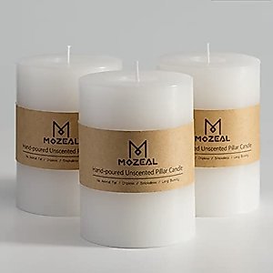 MOZEAL 3" x 4" Hand-Poured Unscented Candle,Dripless Pillar Candle Set of 3,Long Clean Burning,Approx 72 Hours Burn Time,Rustic Country Style,Wedding,Dinner,Christmas and Home Decor,White