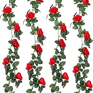 Syhood Artificial Rose Garlands Rose Vines Leaves Banners Hanging Fake Floral Garland Flower Vine for Wedding Arch Ceremony Home Garden Outdoor Party Wall Decorations, 14.4 ft(Red,2 Pieces)