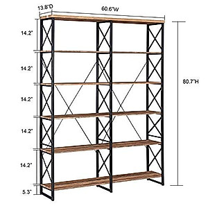 O&K FURNITURE Double Wide 6-Shelf Bookcase, 80.7” Industrial Large Open Metal Bookcases Furniture, Etagere Bookshelf for Home & Office, Vintage Brown