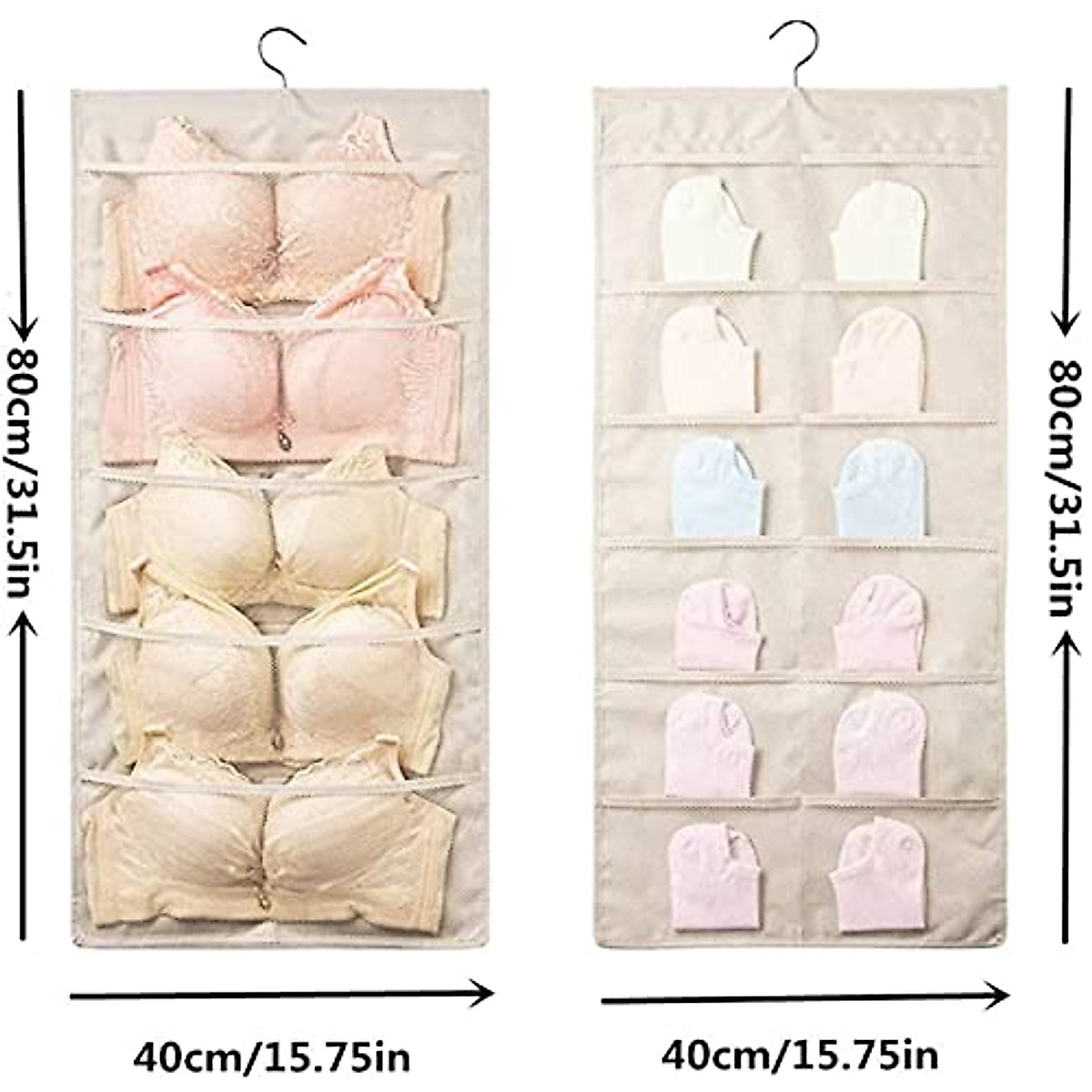 LCXPEI Closet Hanging Organizer Mesh Pockets and Rotating Metal Hanger, Oxford Cloth Space Saver Bag, Dual-Sided Hanging Storage Organiser for Underwear, Panties ,Bra and Sock(Beige, Expand 5+10 Pockets)
